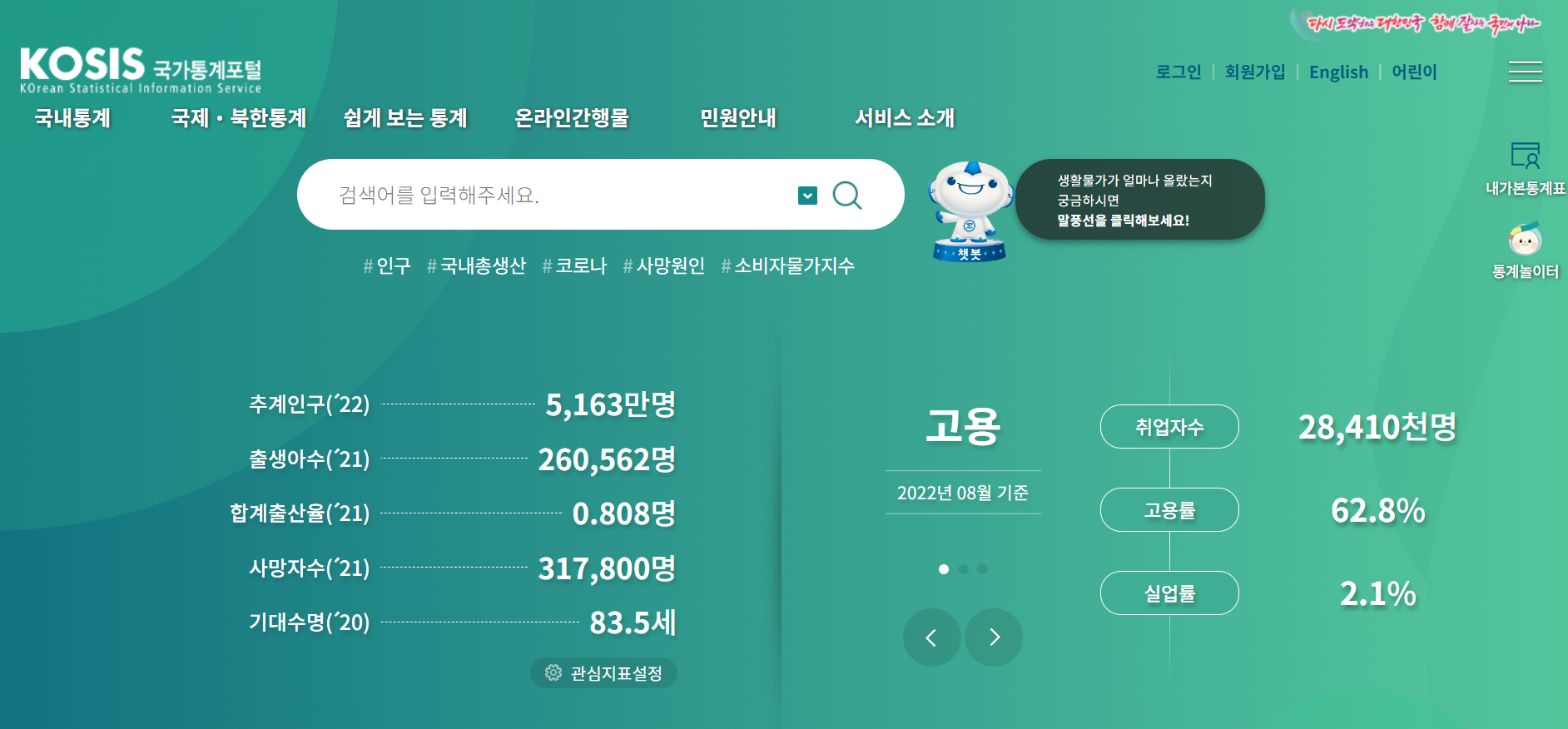 KOSIS 국가통계포털 - 코시스, 통계청이 제공하는 원스톱 통계 서비스, 국가승인통계, 국제통계, 북한통계, e-지방지표, 통계시각화콘텐츠, 온라인간행물 등 제공 ...